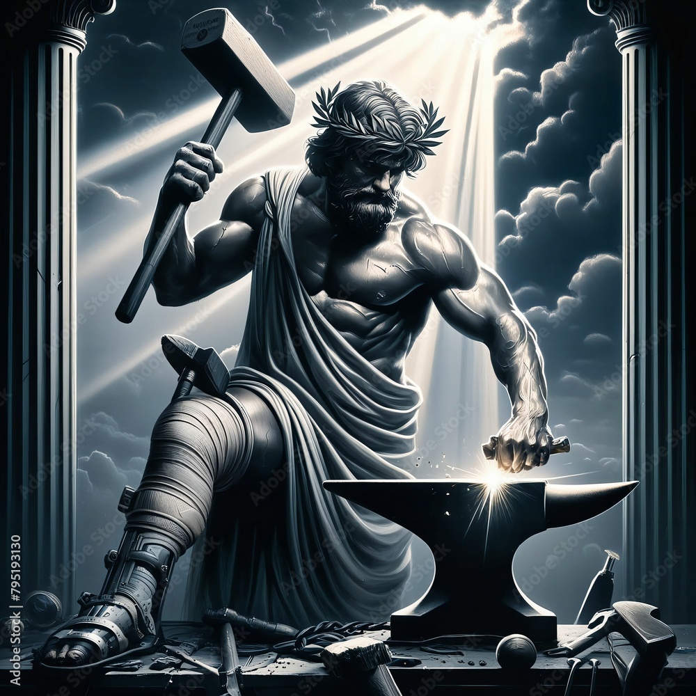 Hephaestus the god with his hammer and anvil. He was cast off Mount ...
