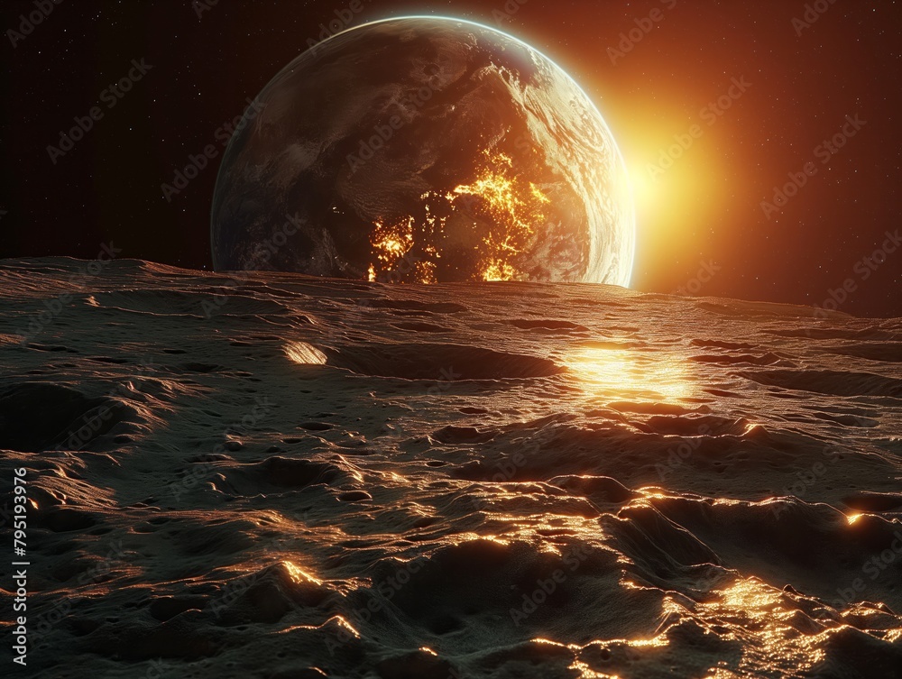 A planet with a sun in the sky and a large crater in the middle. The ...