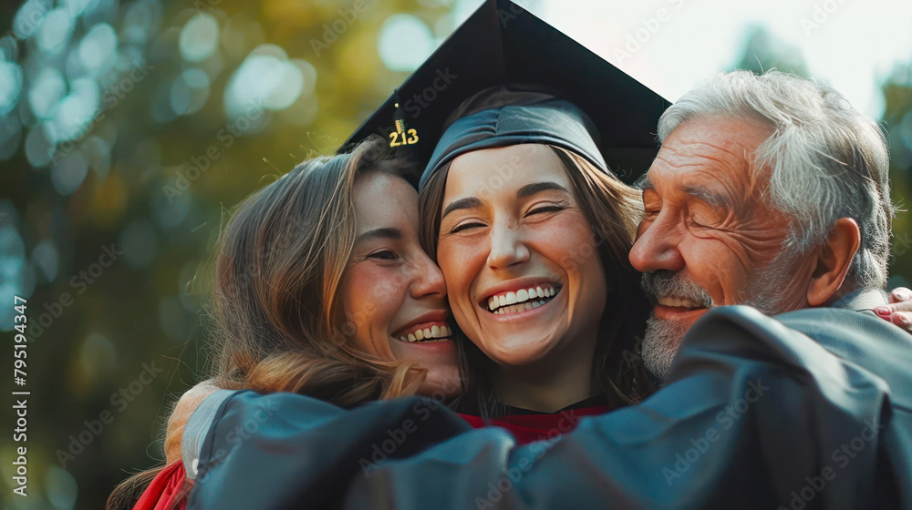 Happy young caucasian woman with her father and mother on graduation ...