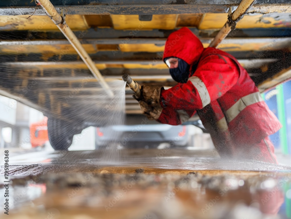 A man in a red jacket is spraying water on a car. The scene is set in a ...