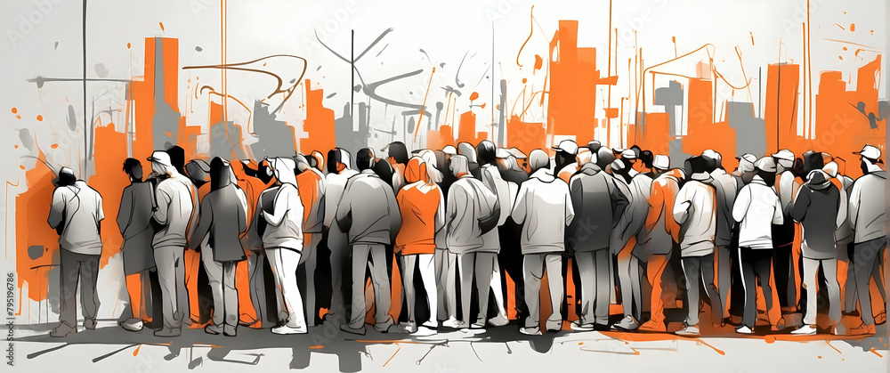 High contrast artistic depiction of a crowd facing colorful splatter ...