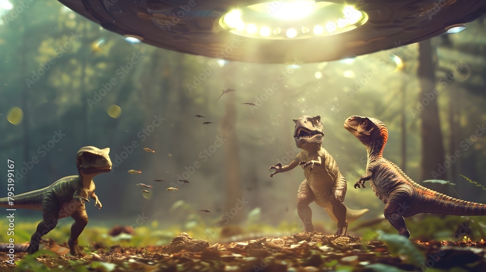 Curious Baby Dinosaurs Encounter Friendly Alien Emerging from Glowing ...