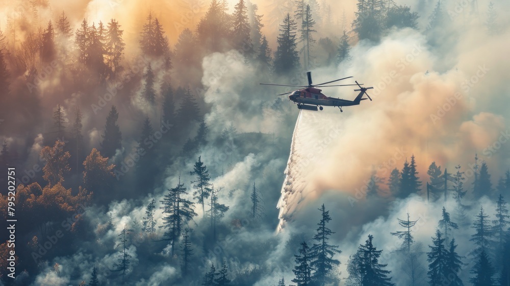 Firefighting helicopter carries water tanks to extinguish forest fires ...