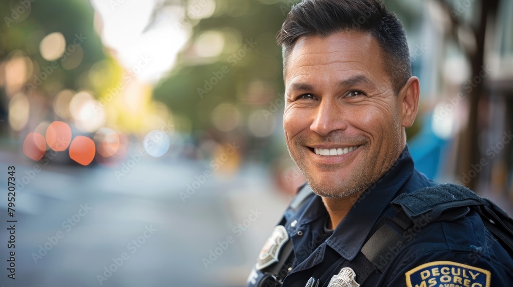 The police officer looks into the camera and smiles in a friendly way ...