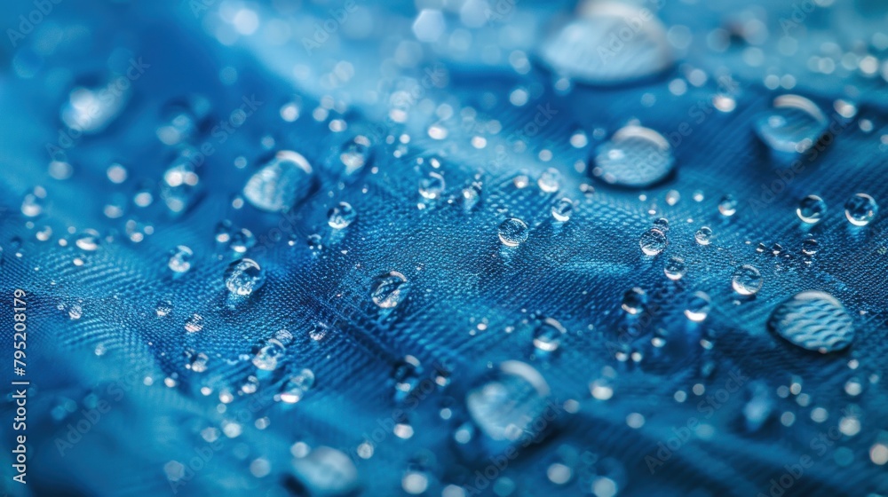 Water drops on blue fiber waterproof cloth Waterproofing concept Stock ...