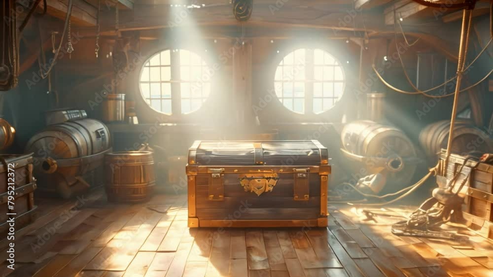 Sunlit Pirate Ship's Hold with Treasure Chest and Cannons. Concept ...