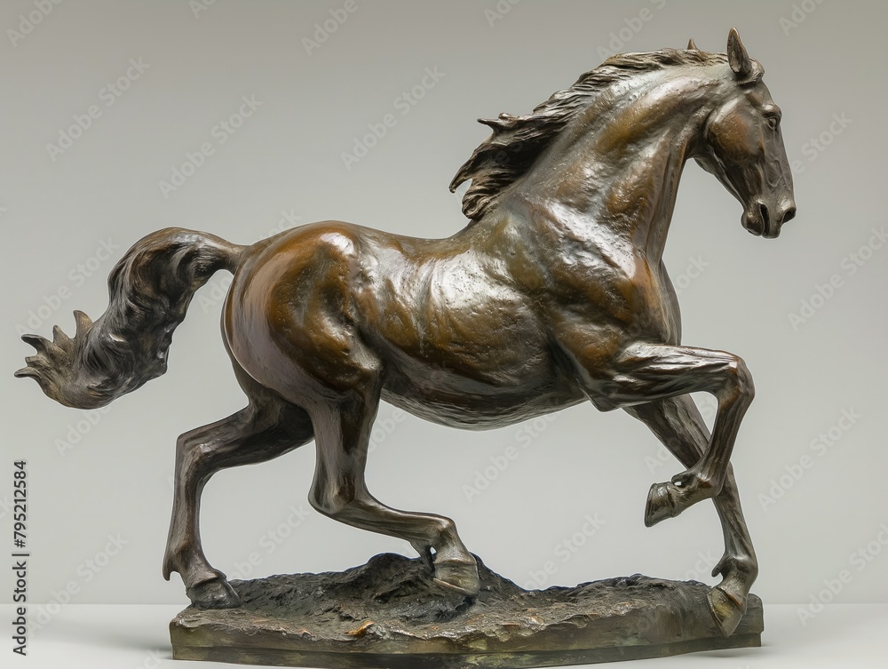 A bronze horse statue of a running horse. The horse is depicted in a ...