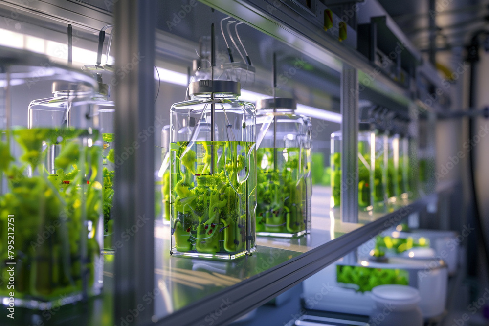 Detailed visualization of a biotech lab developing microbial ...