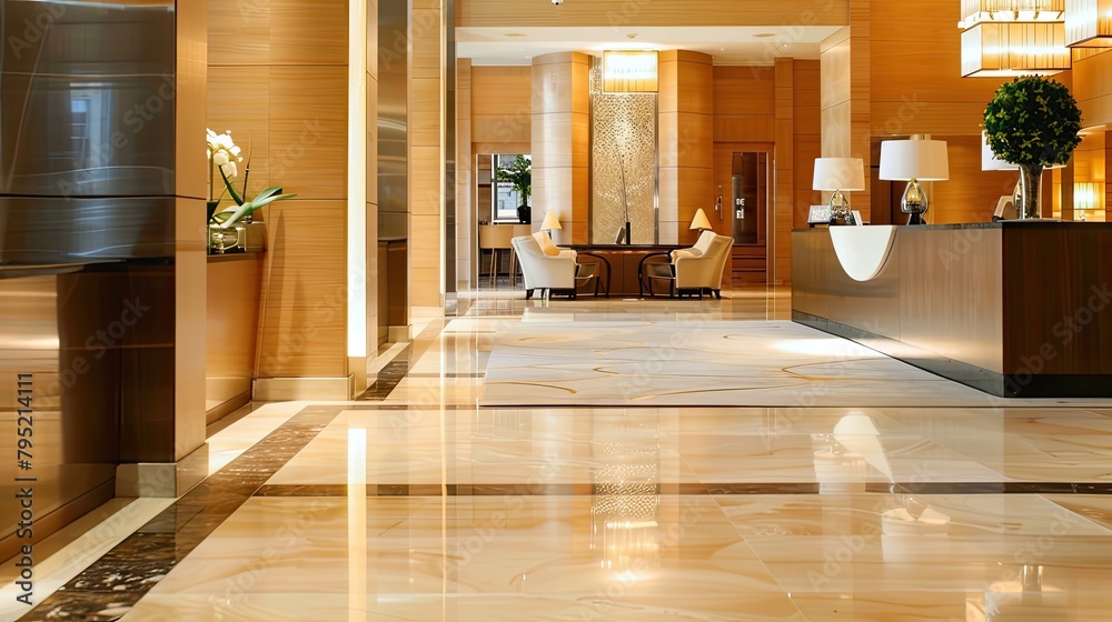 The hotel lobby features an elegant reception desk and modern interiors ...