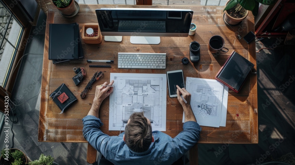 Top view of architectural engineer working on desktop computer ...