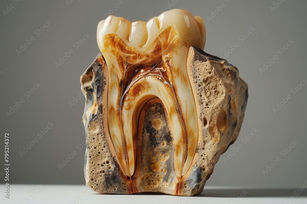 Cross-section of a tooth with advanced caries, exposing the cavity and ...