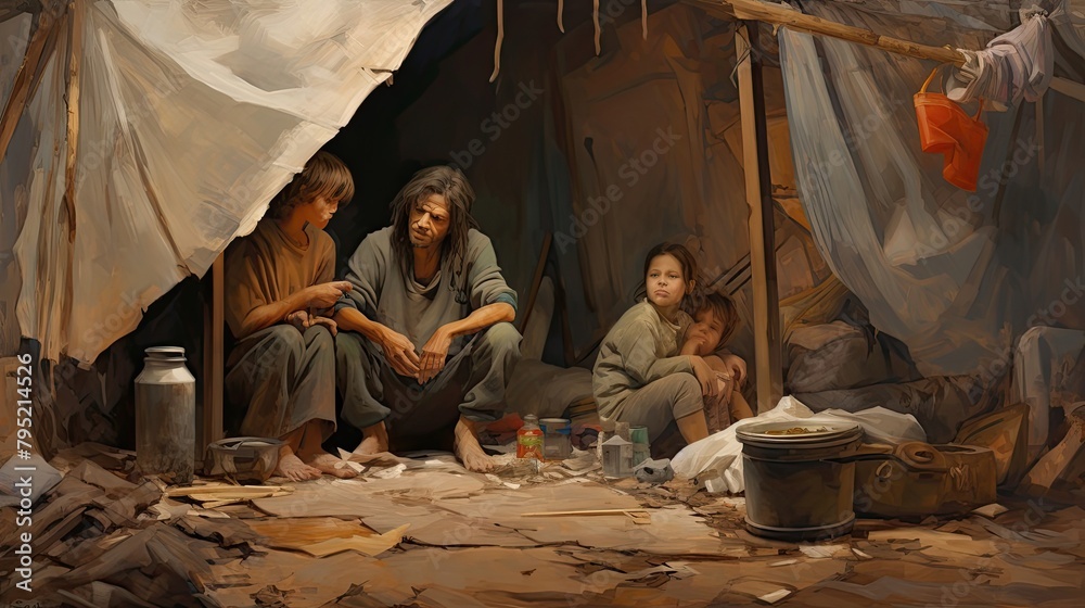 An impoverished family lives in temporary shelter on street. South ...