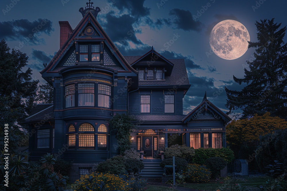 Diagonal view of a classic navy craftsman cottage with an ornate ...