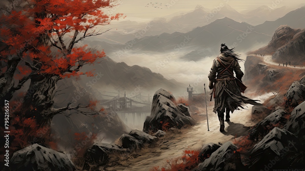 Ronin warrior wandering a rugged mountain path. Japanese aesthetics ...