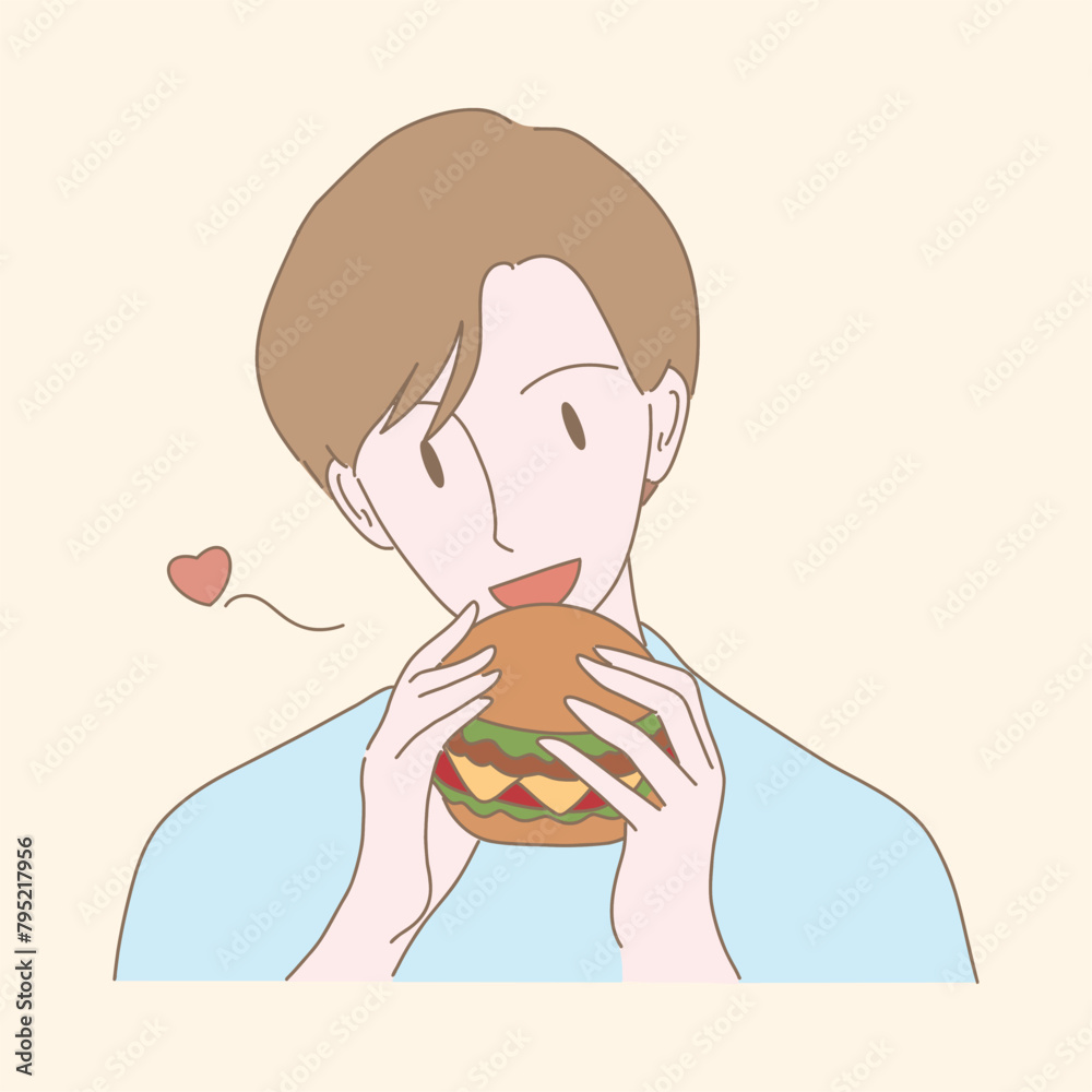 Happy man eating tasty cheeseburger with satisfaction. Nice guy holding ...