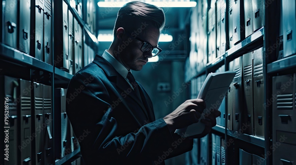 An undercover agent retrieves secret files from a secure vault ...