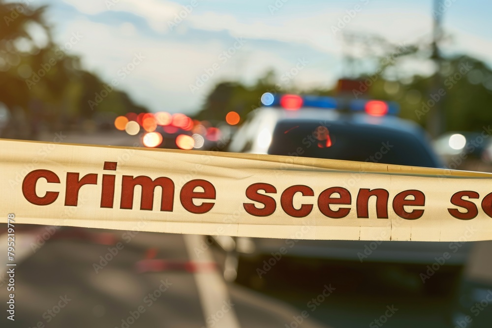 A powerful image showing crisp crime scene tape across the frame with ...