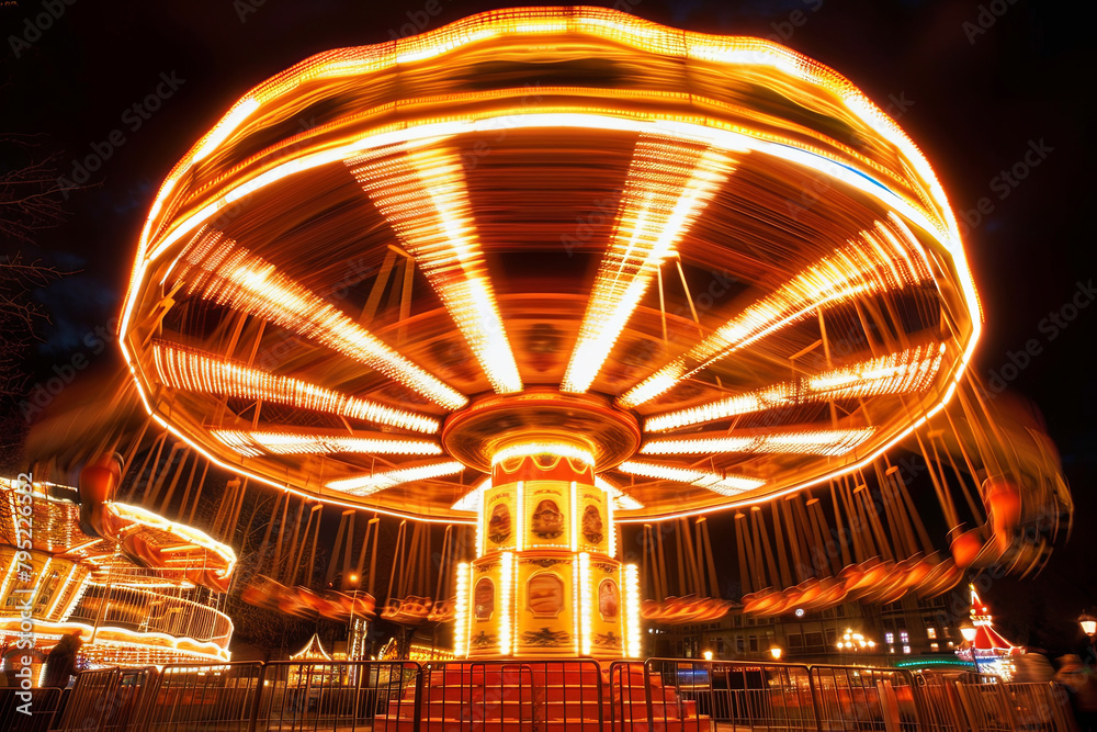 Merry-go-round and Ferris wheel captured in motion blur during ...