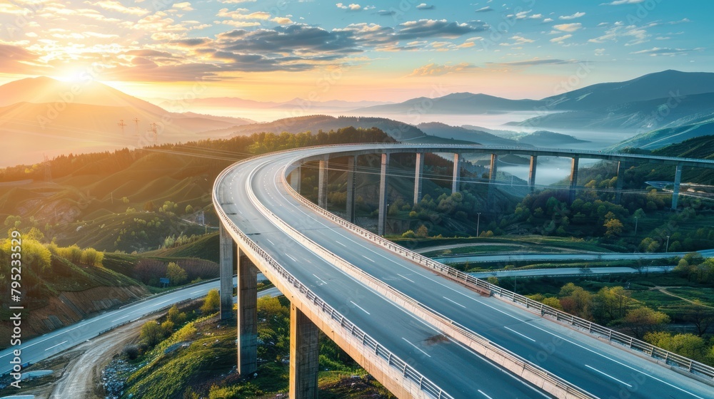 Beautiful highway overpass in motion blur during sunrise with mountain ...