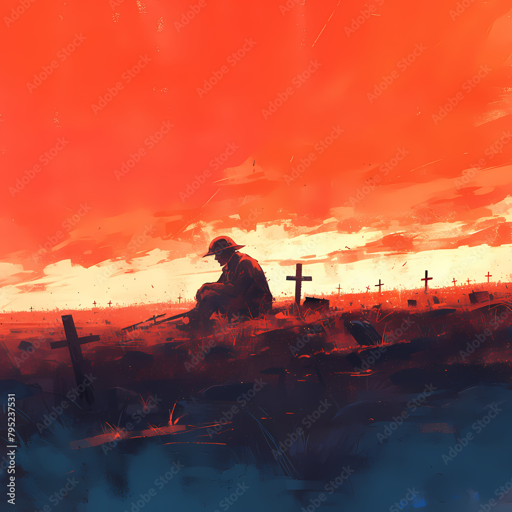 Moving Anzac Day Remembrance Art: A Soldier at Dusk Stock Illustration ...