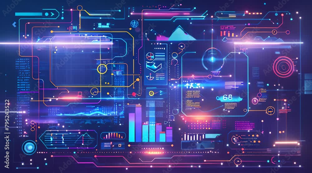 Big data technology and data science illustration. Data flow concept. Querying, analysing ...