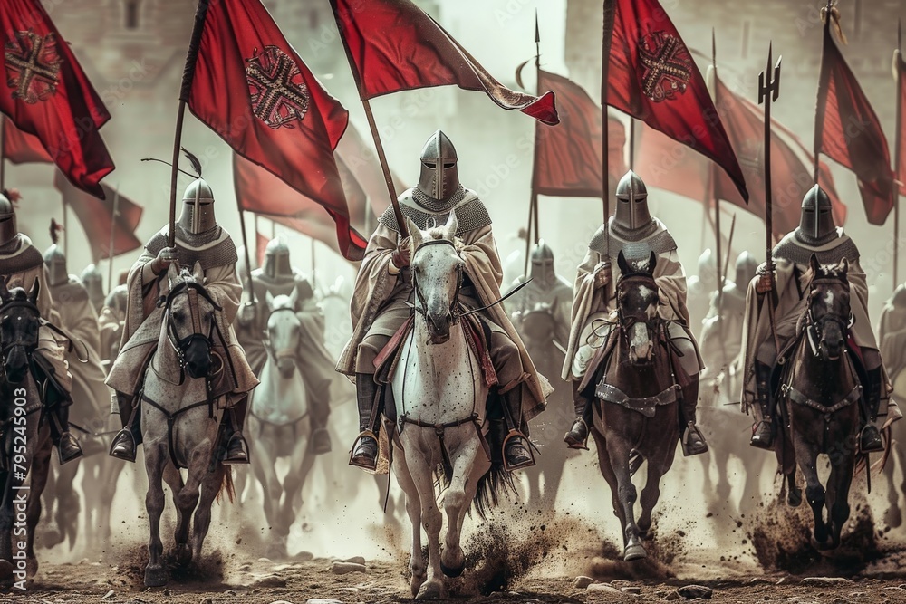 Dramatic scene of medieval armored knights riding horses into battle ...