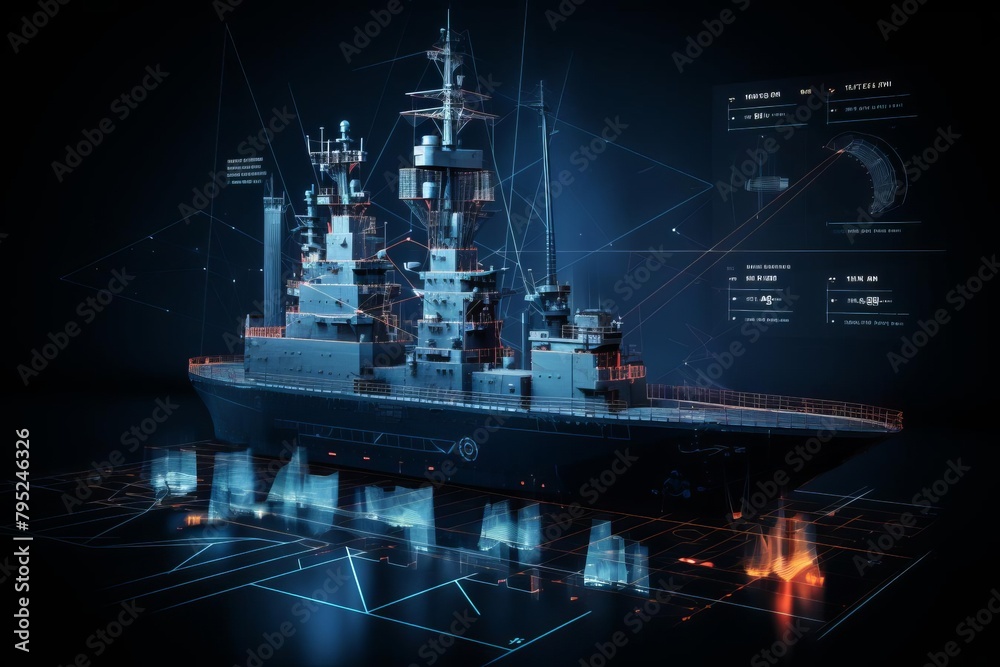 Naval radar screen showing a 3D holographic icon of a ship, isolated ...