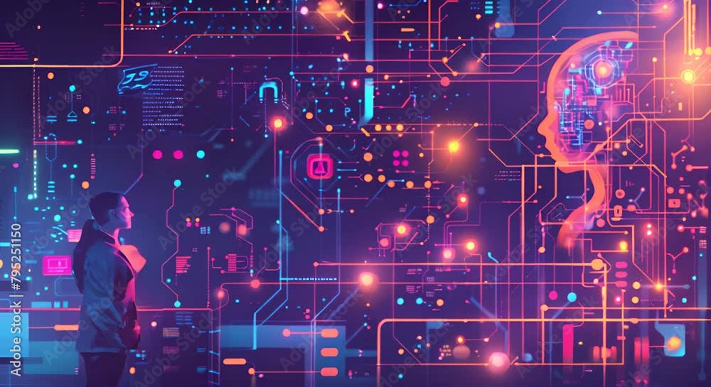 Big data technology and data science illustration. Data flow concept. Querying, analysing ...