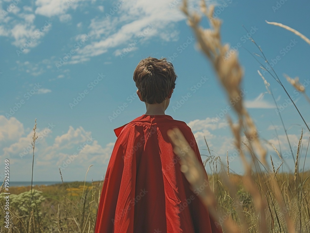 Back view of boy doing superhero figure in red cape, emotional, best ...