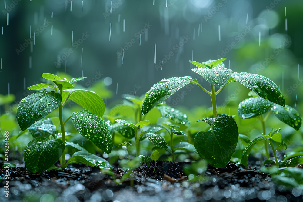 Green Seedlings Growing on the Ground in the Rain, Spring rain solar ...
