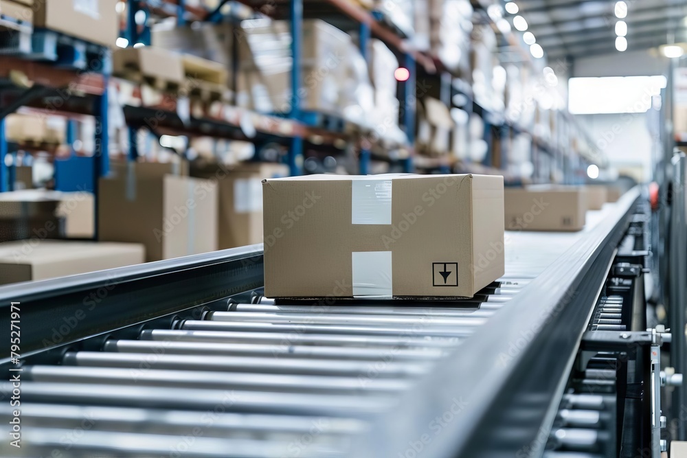 seamless flow of cardboard boxes on conveyor belt in warehouse ...