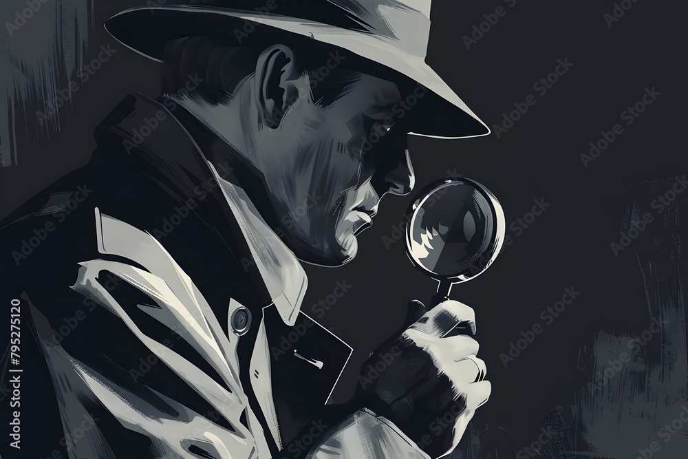 A 1940s private eye examining clues with a magnifying glass, in a film ...