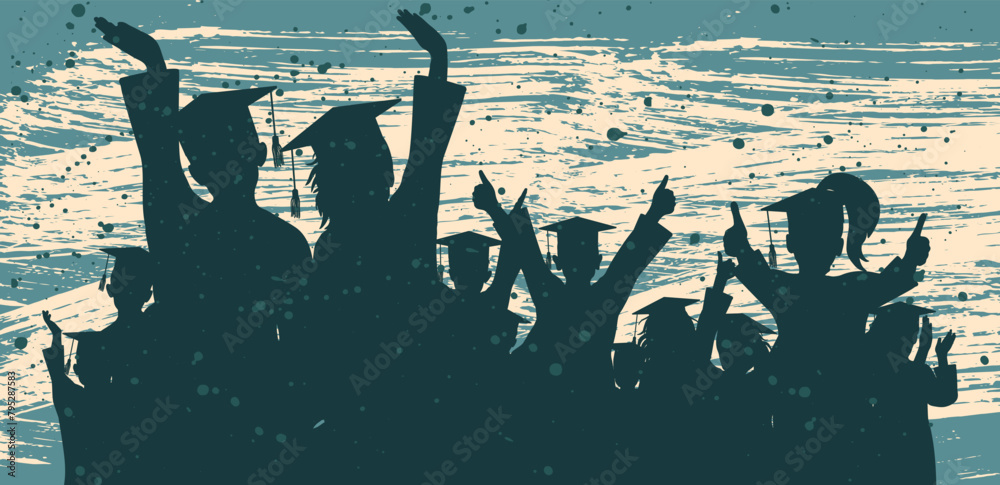 Silhouette of happy crowd of graduate children in square academic caps ...