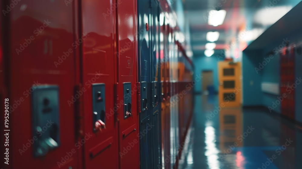 Vibrant close-up shot of lockers lining a bustling high school corridor ...