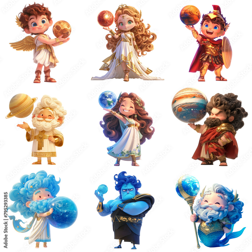 Set of cute ancient Greek gods represent the planets of the solar ...