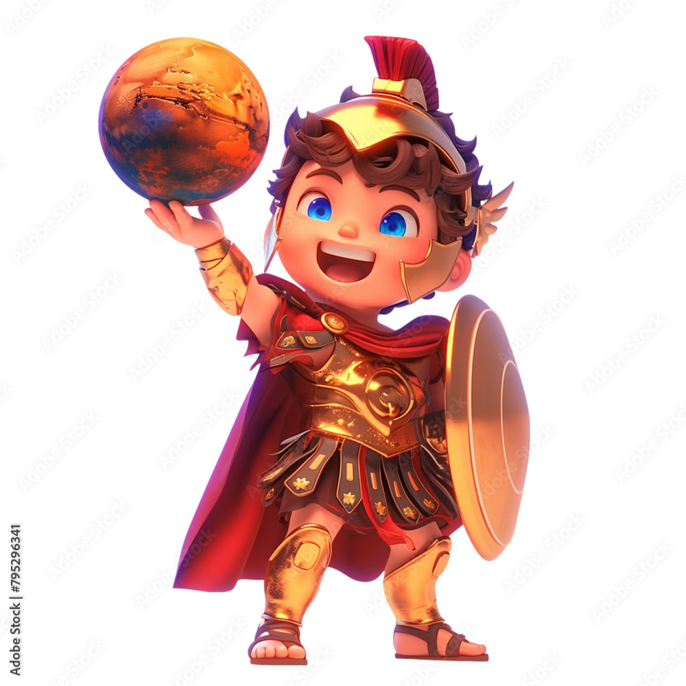 Cute Olympic god Ares holding the planet Mars on transparent background ...
