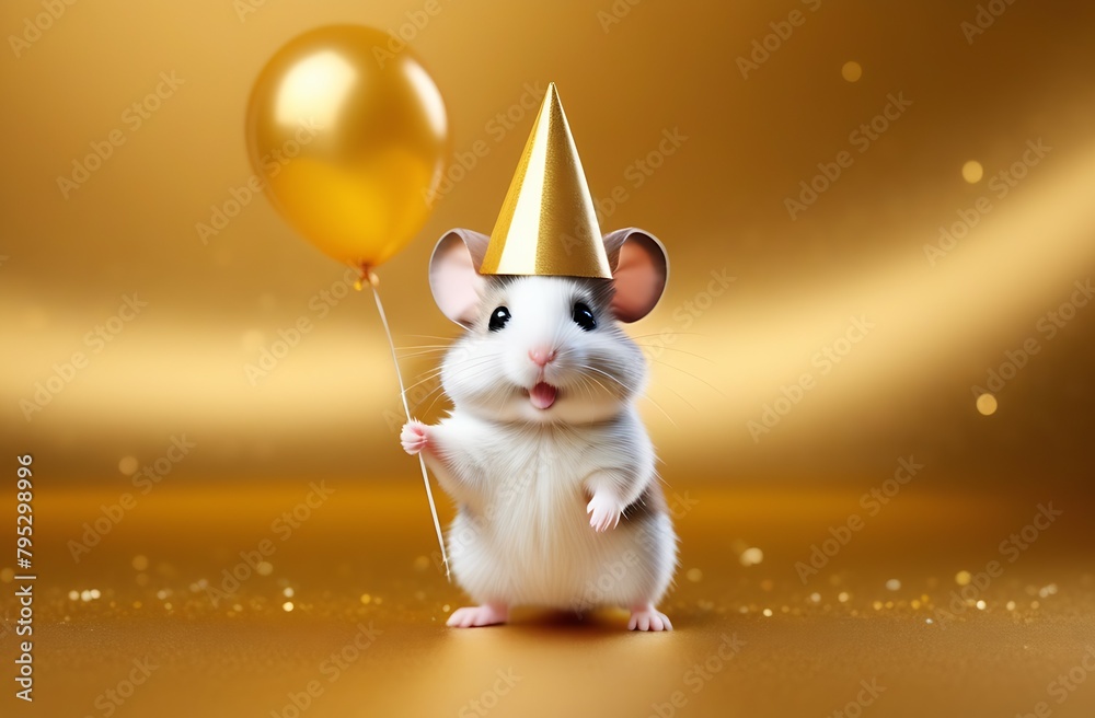 Cute white hamster in yellow party hat stands with yellow inflatable ...