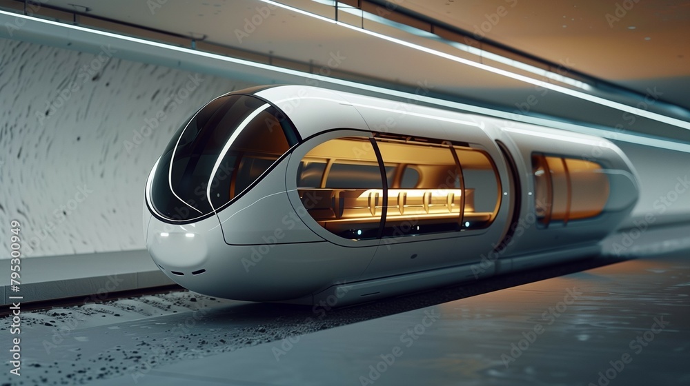 a Hyperloop transport system, showing a sleek train-like vehicle inside ...
