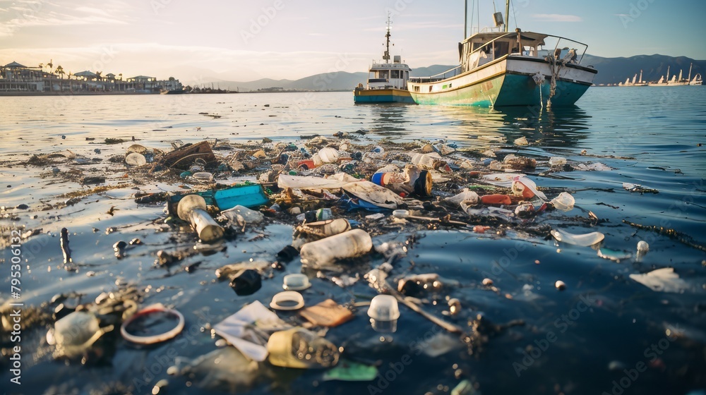 A polluted harbor with litter floating in the water Stock Photo | Adobe ...