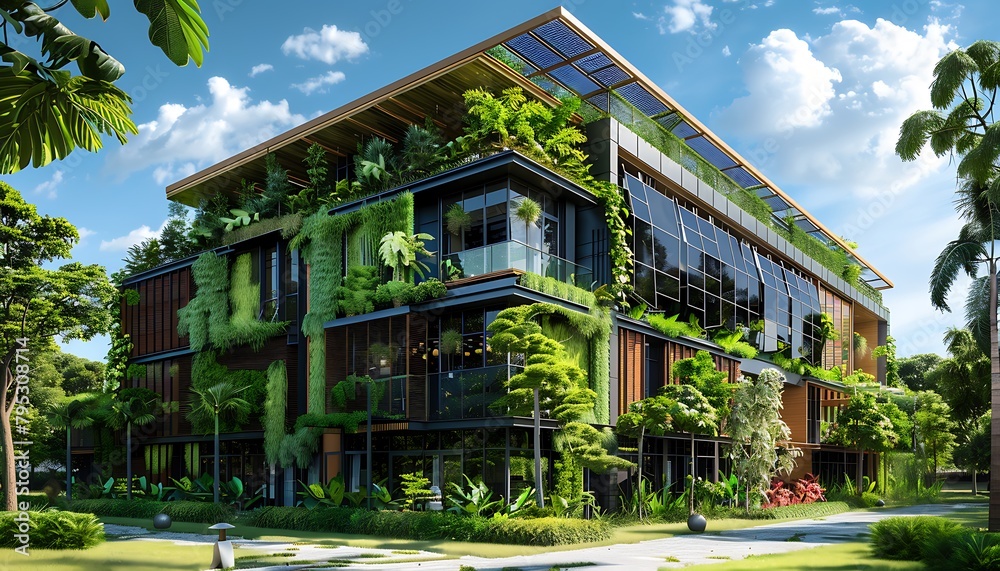 Capture the essence of sustainable architecture with a green building adorned with solar panels ...