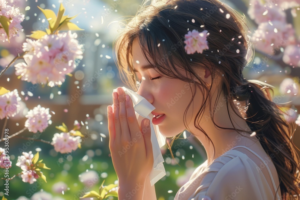 Seasonal allergies, rhinitis, flower allergies, a woman sneezes in the ...