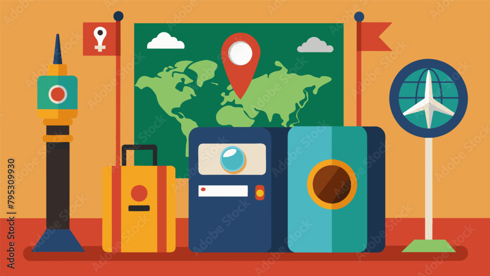 A photo booth with props such as fake passports maps and international ...