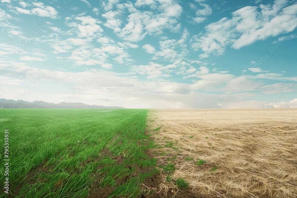 climate change contrast lush green field transitioning to barren ...
