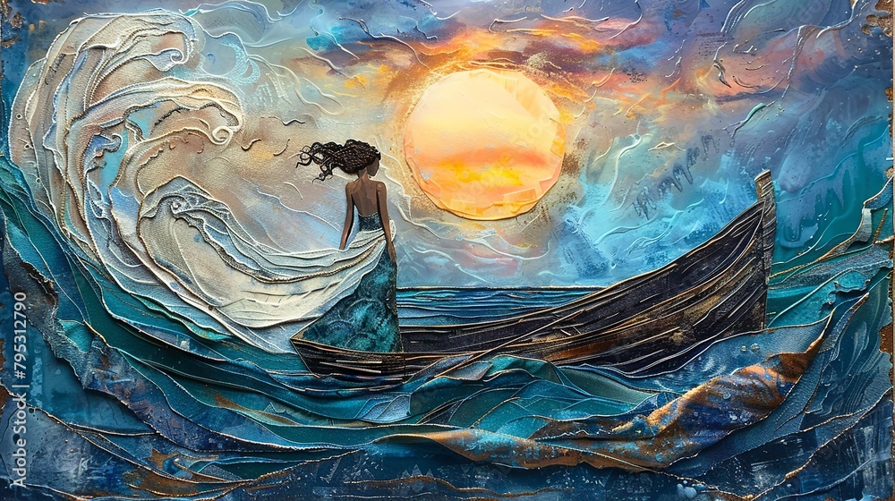 A mixed media artwork image featuring a woman with flowwy dress ...