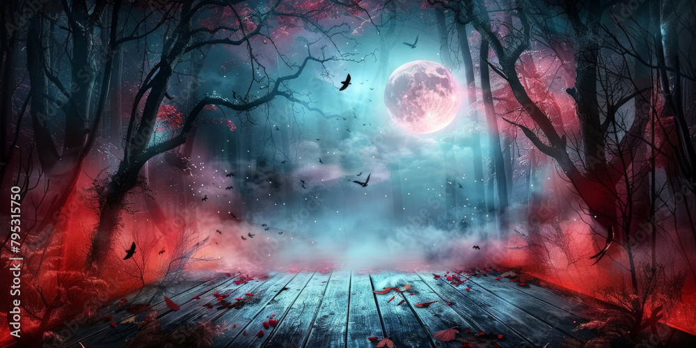 empty wooden table on Halloween red and blue spooky forest background ...