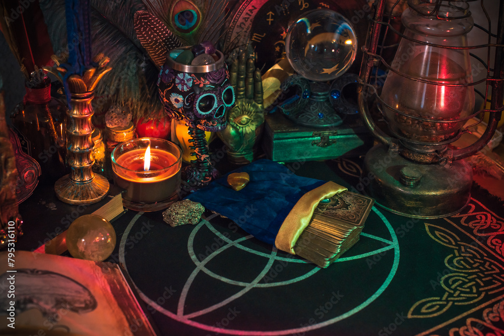 Mystical scene with a witchcraft altar. Alchemy of Old powers and ...