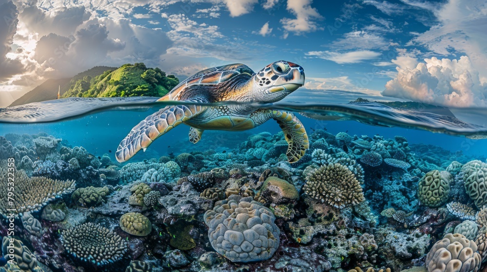 An endangered hawksbill sea turtle gracefully glides over a coral reef ...