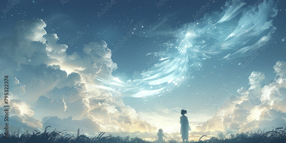 A mystical portrait of a mother as a guardian angel with translucent ...