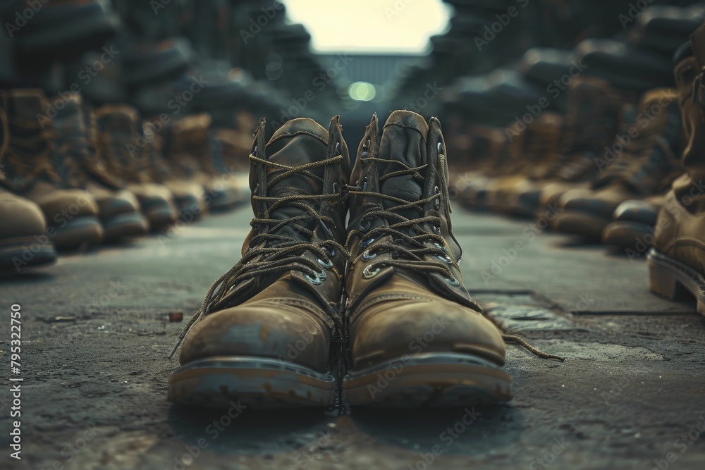 An impactful portrayal of empty shoes in formation symbolizing the ...