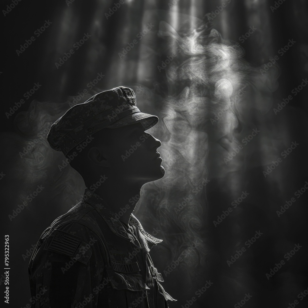 The somber silhouette of a soldier saluting emerges through a dance of ...